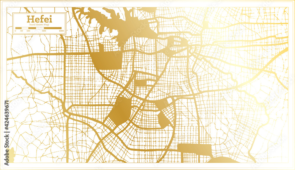 Hefei China City Map in Retro Style in Golden Color. Outline Map. Stock ...
