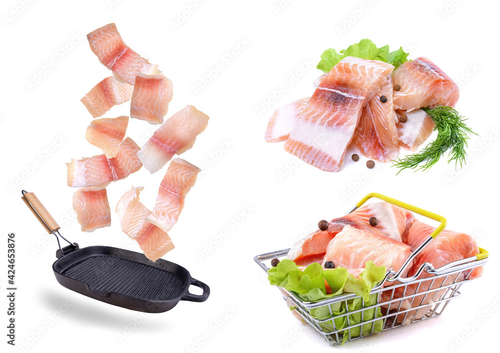 A flying fish steak falls into the pan.Pangasius fish fillet. The ...