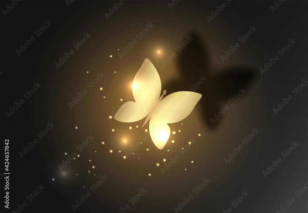 Abstract design. Gold glowing butterfly with dots on a dark background ...