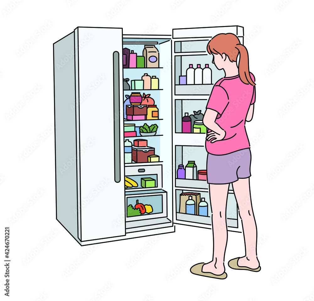 The back of a woman opening a full refrigerator. hand drawn style ...