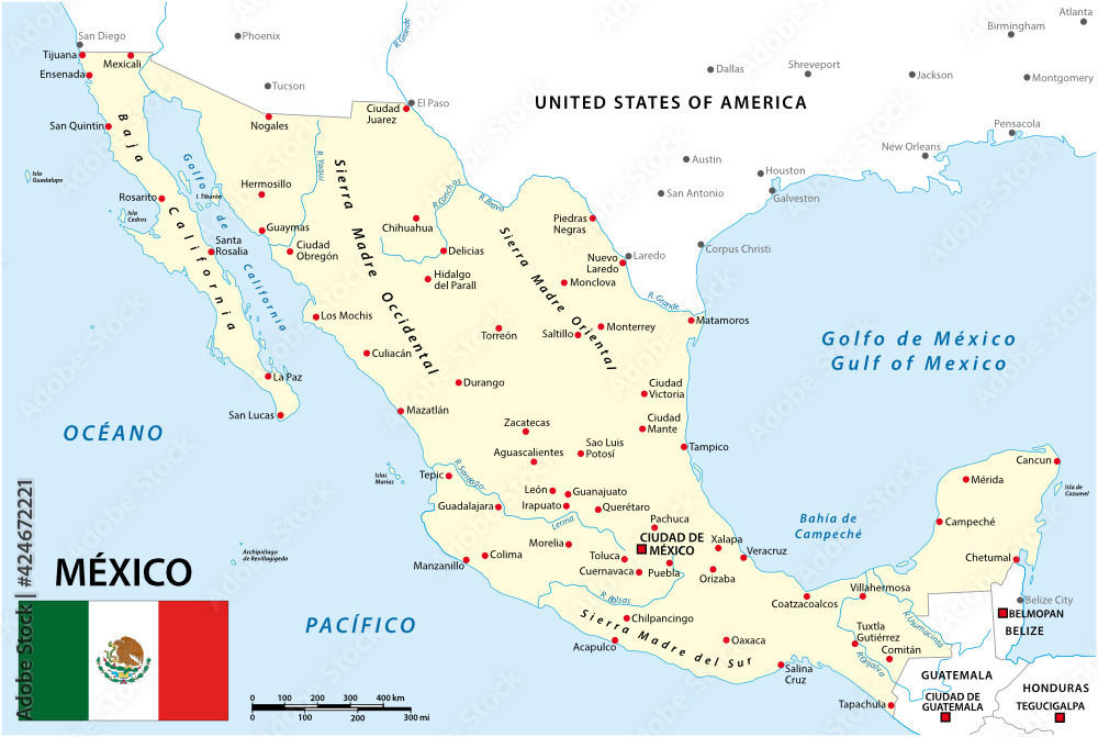 Map of Mexico with national borders, main cities and rivers Stock ...