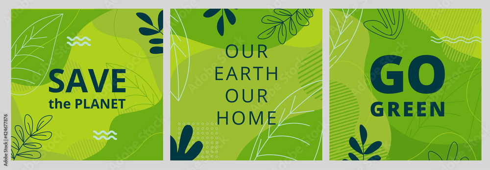 Set of Earth Day posters with green backgrounds, liquid shapes, leaves ...