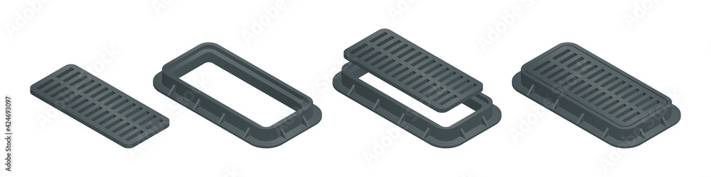 Vector illustration open and closed sewer hatch isolated on white ...