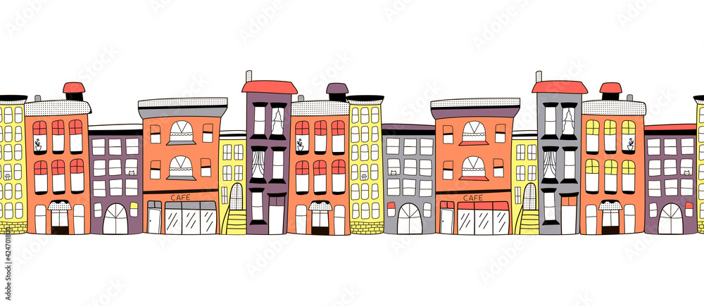 Vector seamless border with colorful cute doodle style houses on a ...