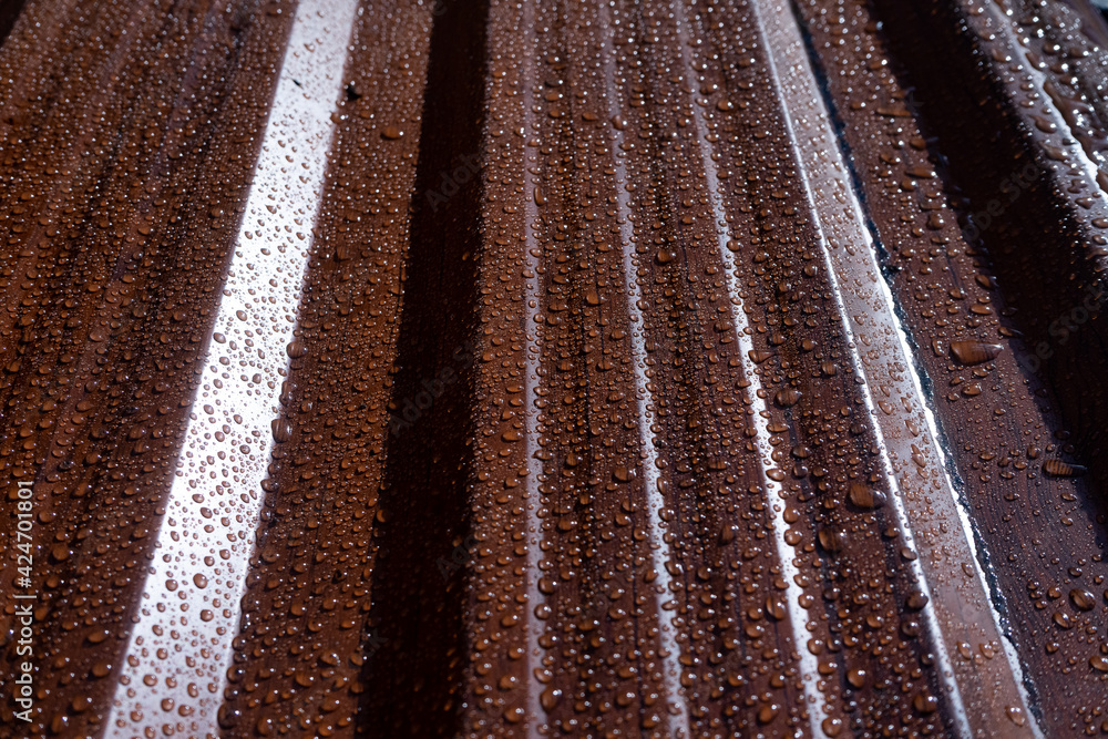 Raindrops on the metal profile sheet. Brown profiled metal sheet with ...