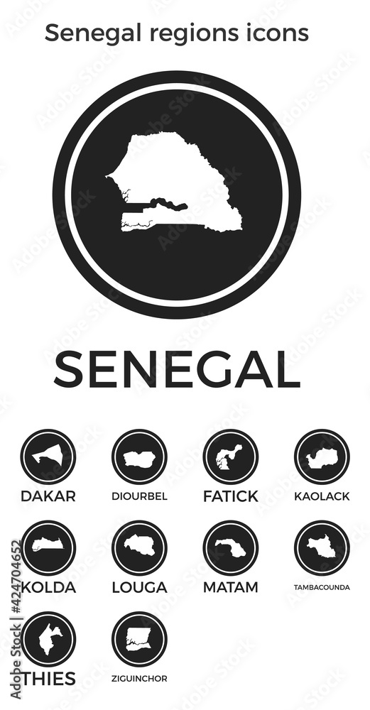 Senegal regions icons. Black round logos with country regions maps and ...