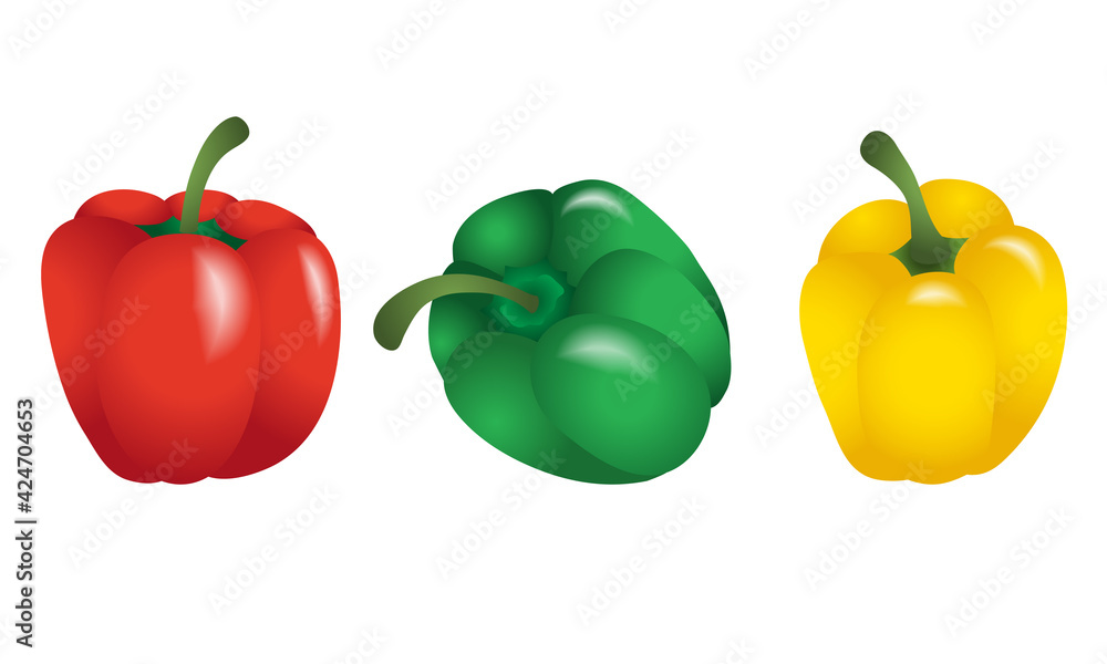 Illustration vectorielle 3D de 3 variétés de poivrons, rouge, vert et ...