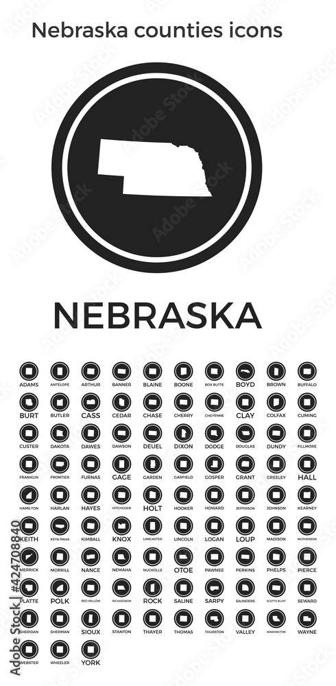 Nebraska counties icons. Black round logos with us state counties maps ...