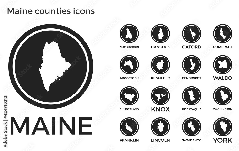 Maine counties icons. Black round logos with us state counties maps and ...