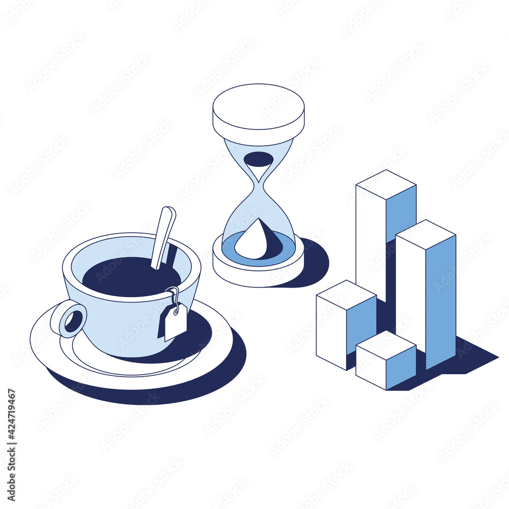Time and hourglass symbol of waiting, graphic chart and tea party ...