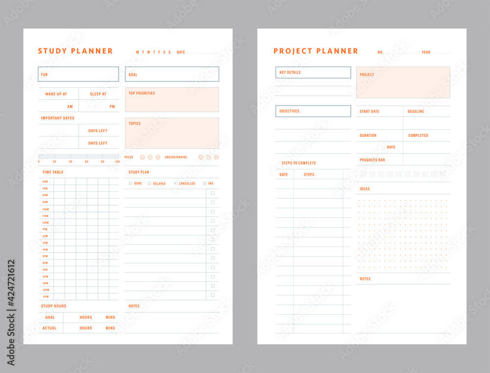(Orange and Grey) 2 Set of minimalist planners. Study and project ...