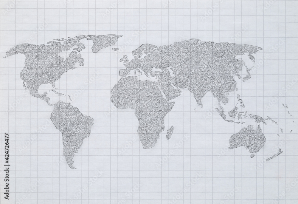 Hand-drawn world map sketched with pencil on graph or grid paper. Stock ...