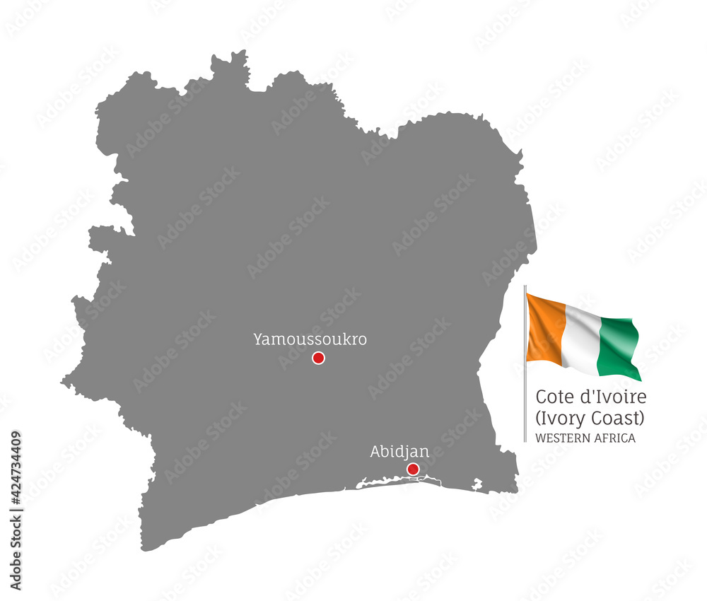 Silhouette of Cote D ivoire country map. Gray editable map with waving ...