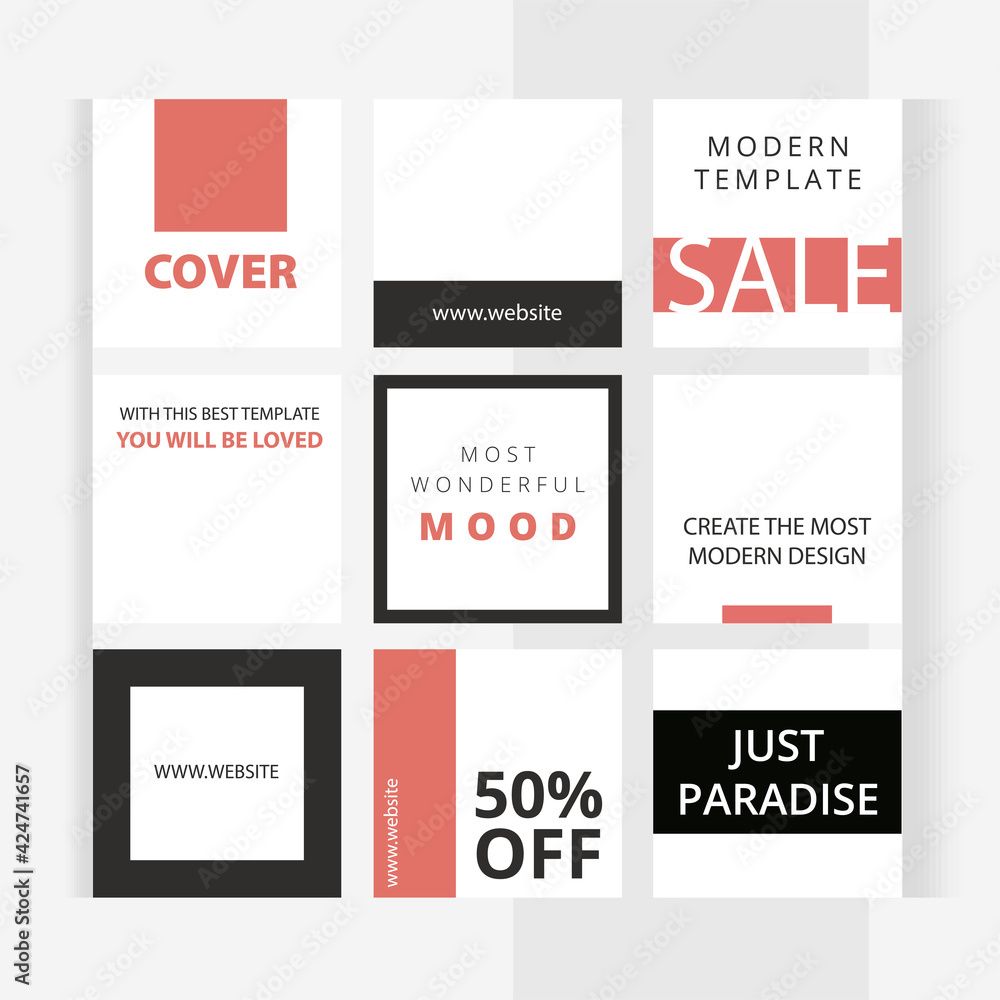 Modern red style. Set of editable square photo collage banners ...