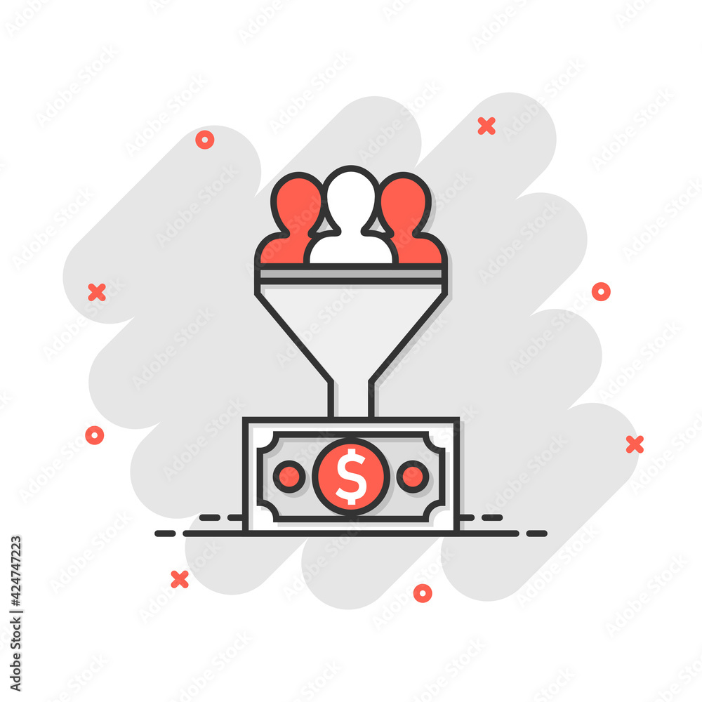 Lead management icon in comic style. Funnel with people, money vector ...