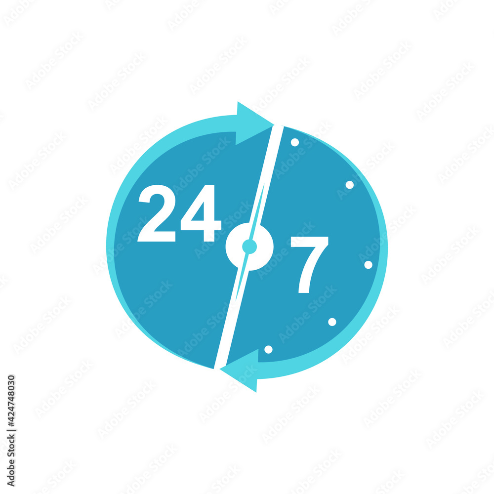 Vector 24-7 sign isolated on white background, blue color, always open ...