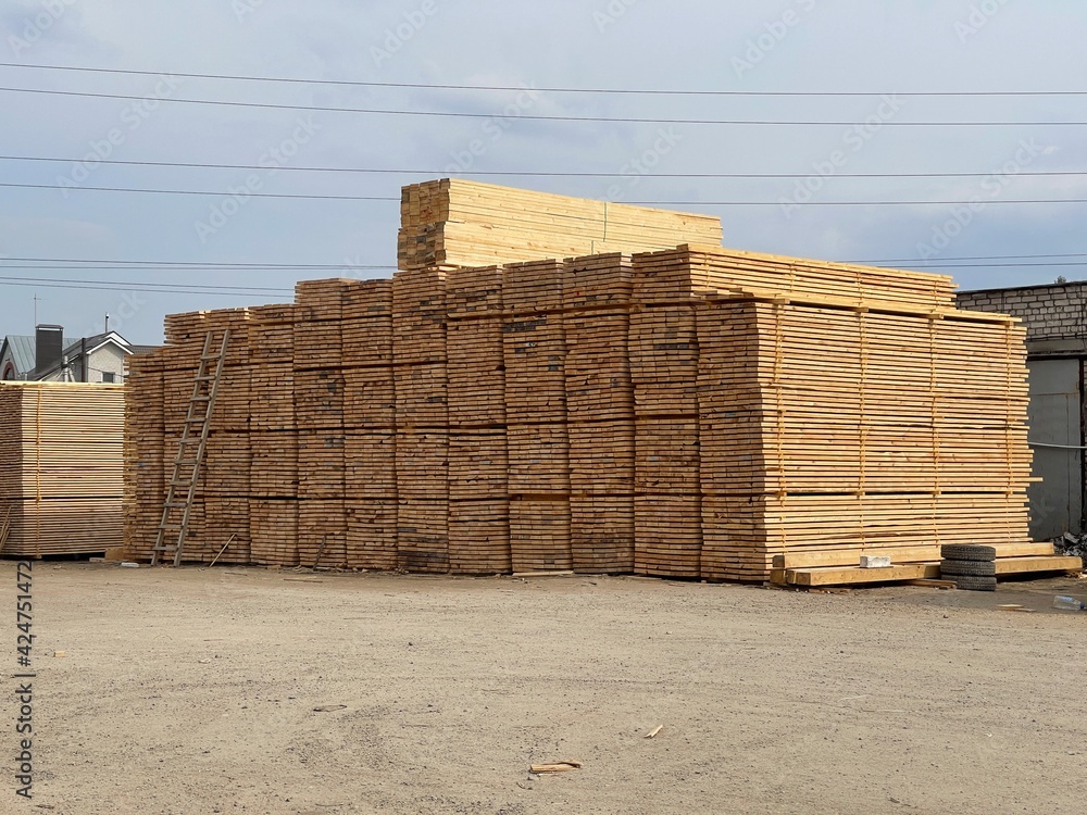 Wooden boards, lumber, industrial wood, timber. Pine wood timber stack ...
