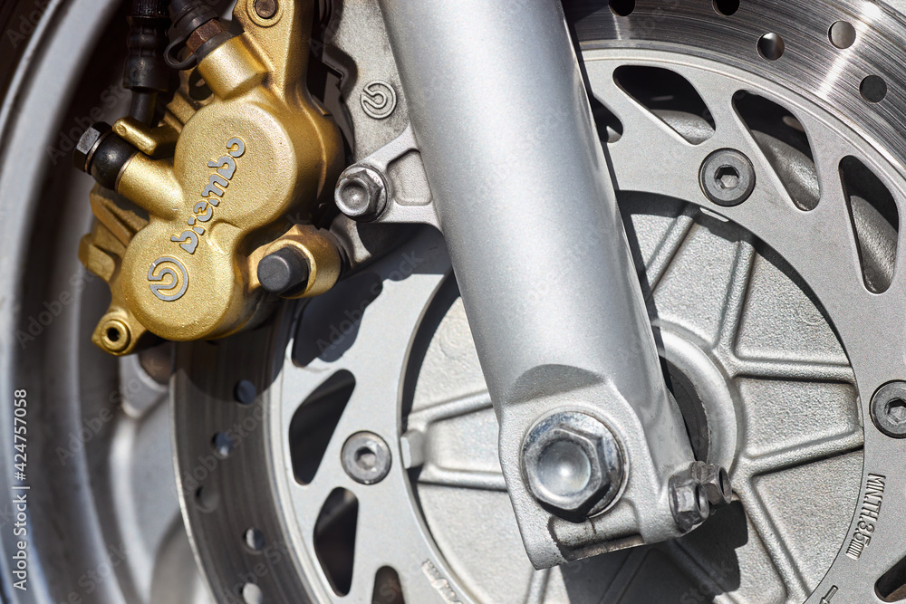 Berlin - April 2021: Front disc brakes BREMBO of race bike Honda ...