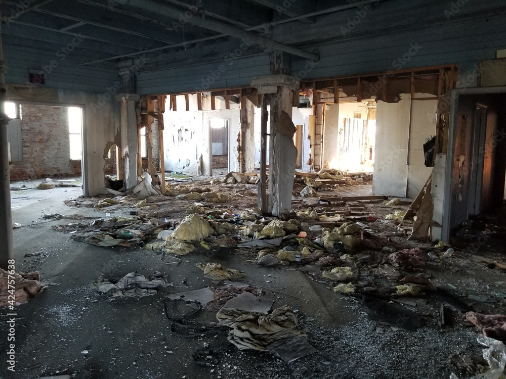Inside of an abandoned building that had been left to rot and now has ...