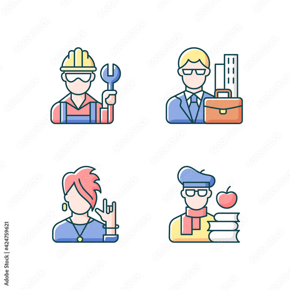 Social classification RGB color icons set. Blue and white collar ...