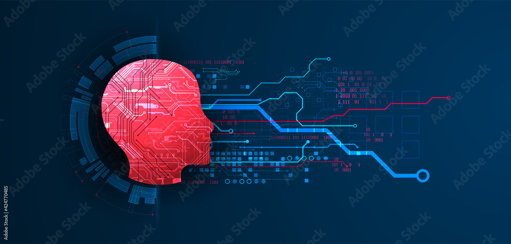 Abstract background on the theme of artificial intelligence. Red head ...