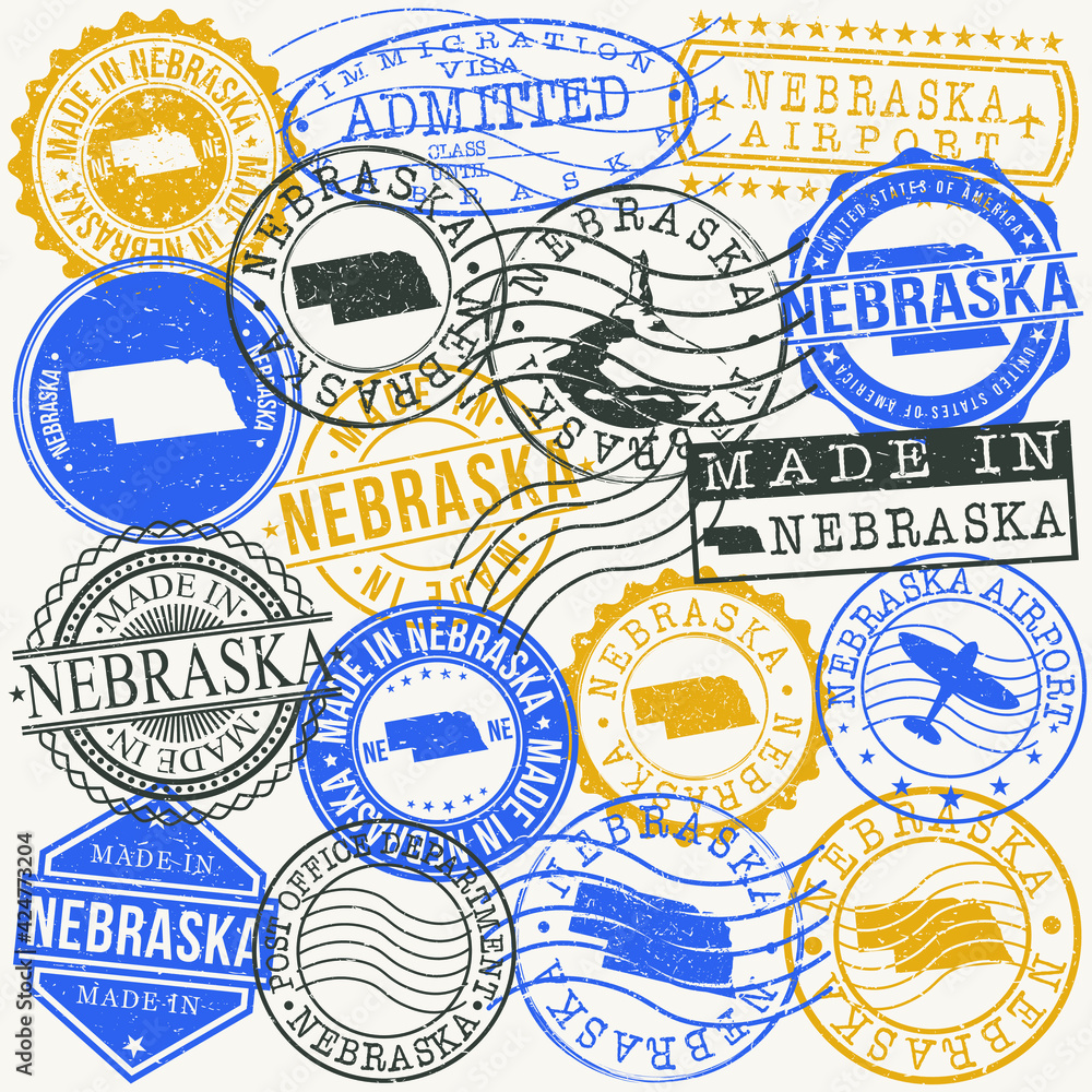 Nebraska, USA Set of Stamps. Travel Passport Stamps. Made In Product ...