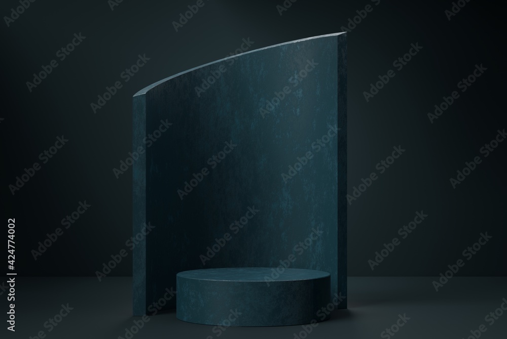Modern dark blue podium for product showcase. Cylinder shapes pedestal ...