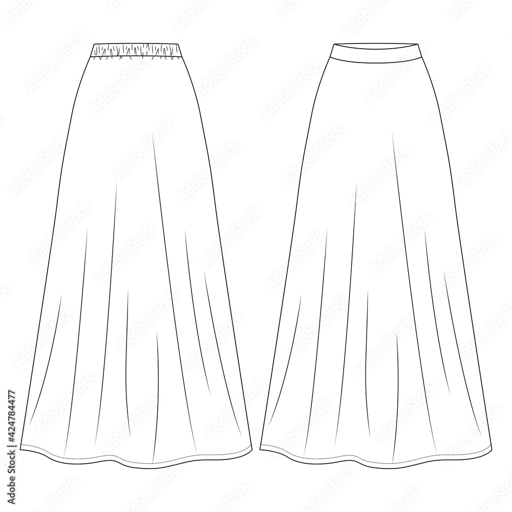 Women Long Maxi Length Skirt Fashion Flat Sketch Template Girls Technical Fashion Illustration