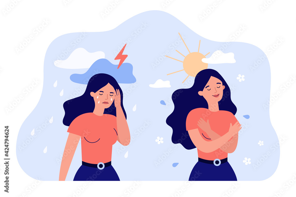 Cartoon woman in bad and good mood flat vector illustration. Girl in ...