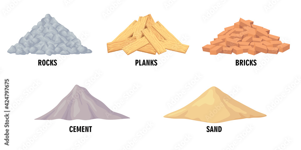 Different building materials vector illustrations set. Piles of ...