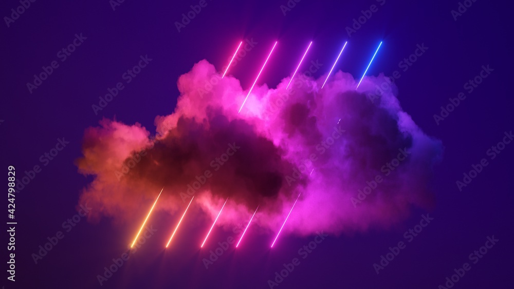 3d render, abstract cloud illuminated with neon light on dark night sky ...