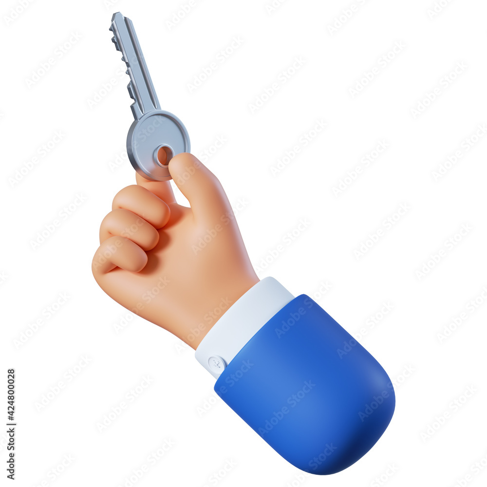 3d render. Hand icon, access concept. Cartoon character holds metallic ...