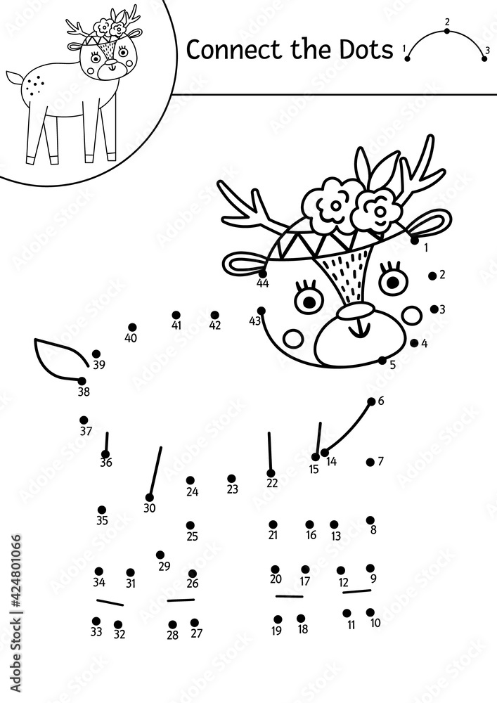 Vector dot-to-dot and color activity with cute deer. Spring holiday ...
