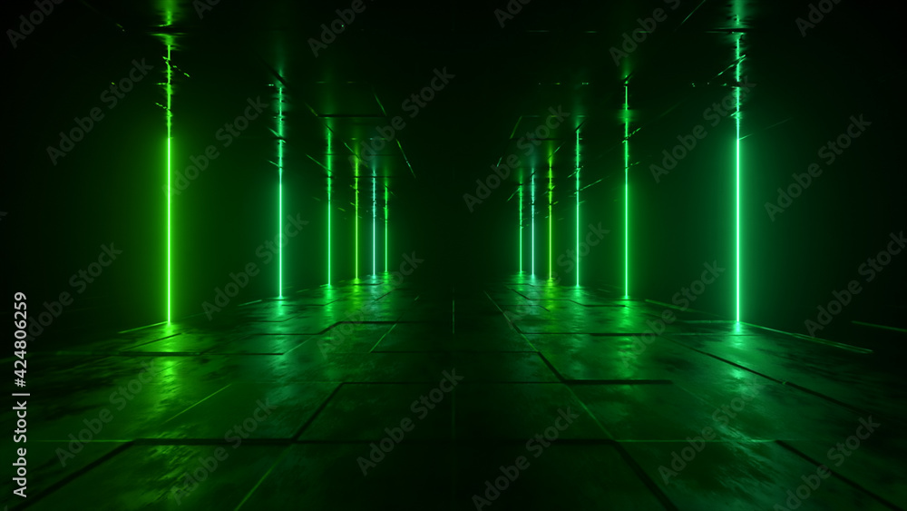Futuristic sci fi bacgkround. Green neon lights glowing in a room with ...