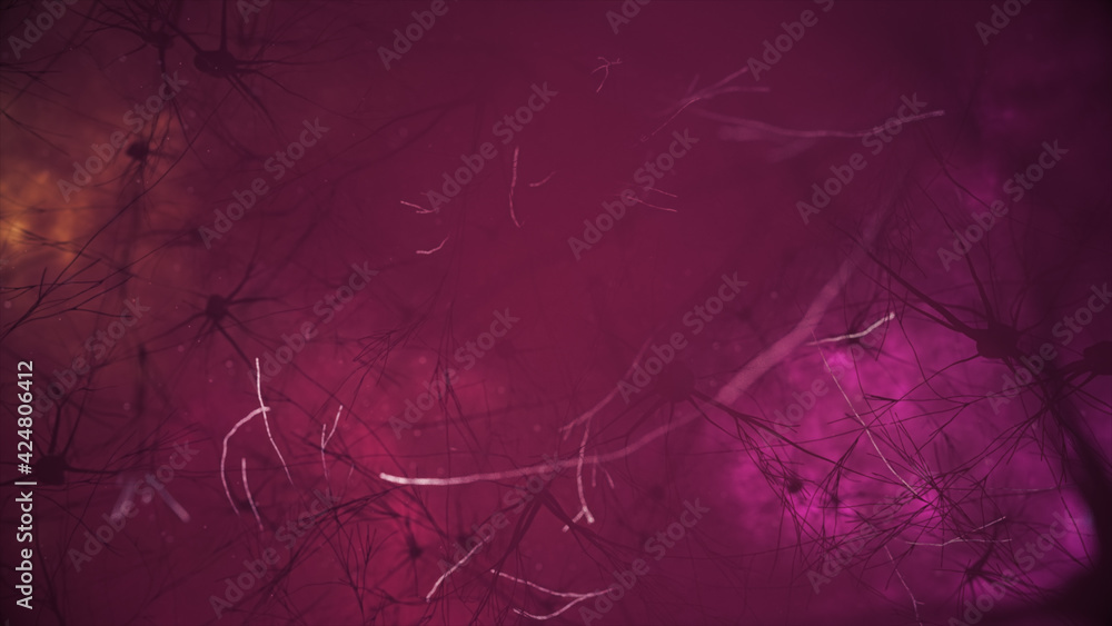 3d illustration of the activity of neurons and synapses. Neural ...