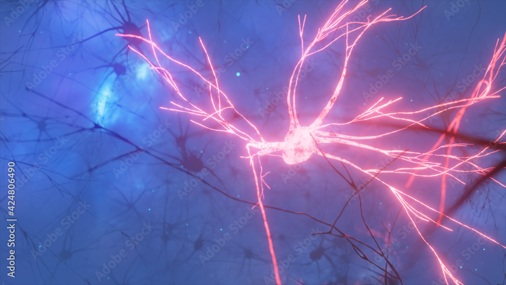 3d illustration of the activity of neurons and synapses. Neural ...