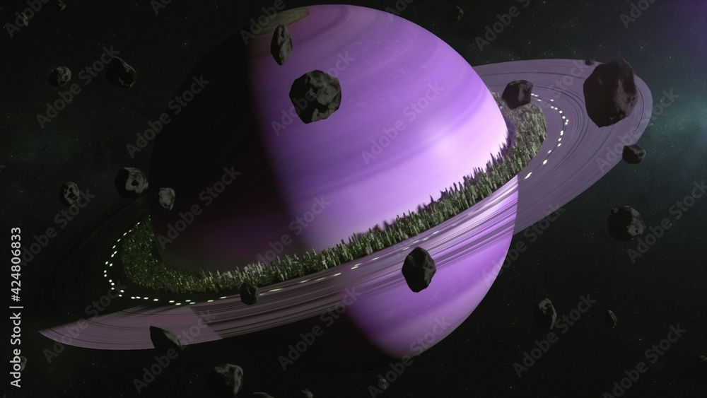 Planet Saturn in outer space. City located along the rings of Saturn ...