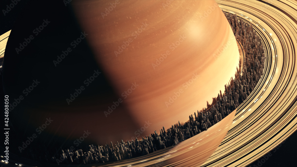 Planet Saturn in outer space. City located along the rings of Saturn, the concept of the ...