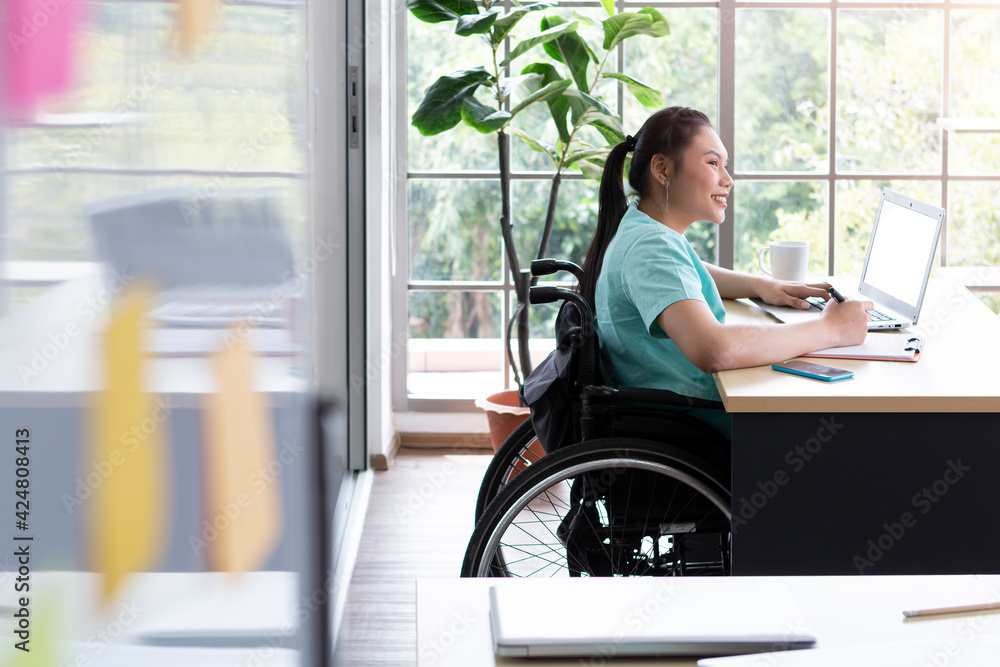 Business Woman on wheelchair in meeting room at modern office. Business ...