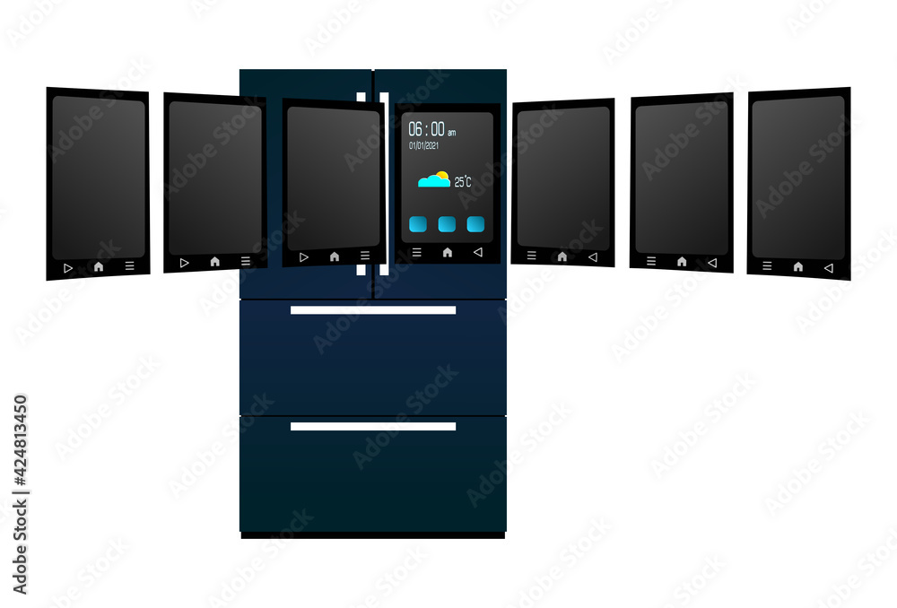 Dark blue smart refrigerator with 6 blank display templates on white ...