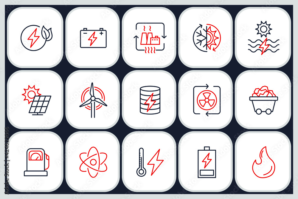 Set of Energy Types icon. Hydroelectric Power Station, Solar Cells and ...