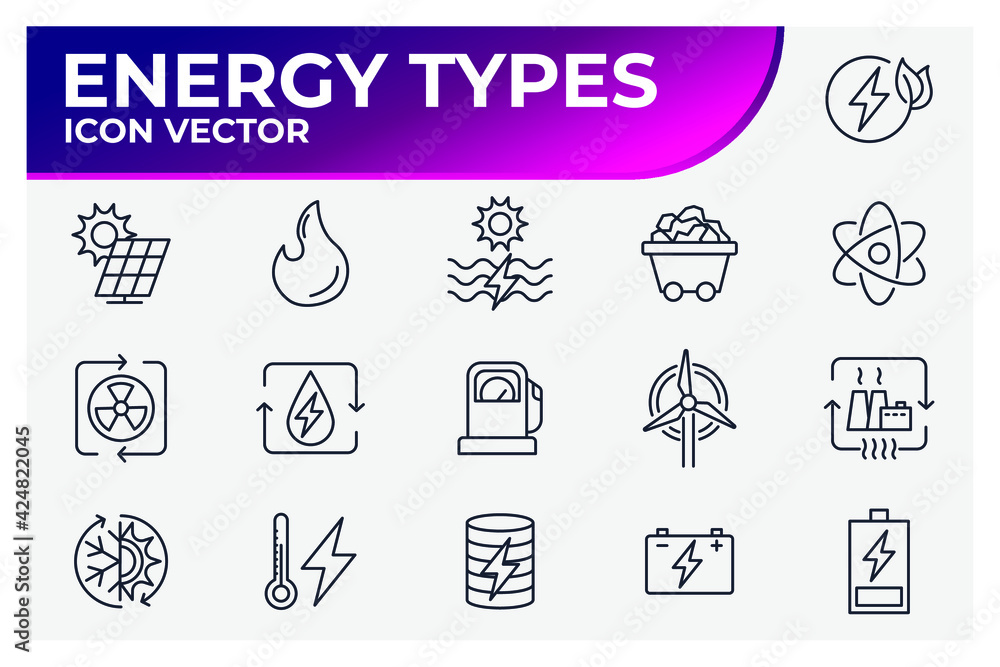 Set of Energy Types icon. Hydroelectric Power Station, Solar Cells and ...