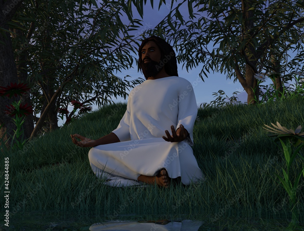 Black Jesus Christ with white robe meditating in a landscape with ...