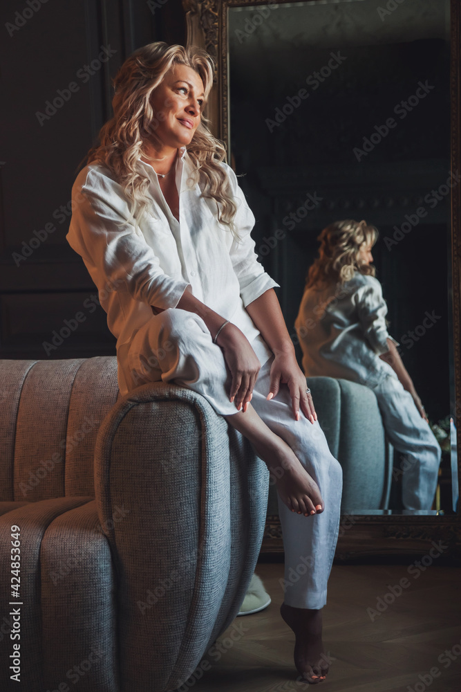 Portrait Photo Cute Middle Aged 45 Years Old Blonde Woman In Domestic