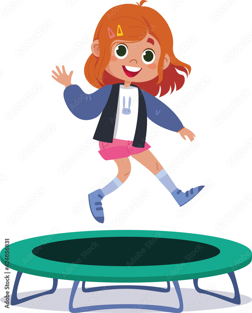 Vector illustration of an isolated girl jumping on a trampoline ...