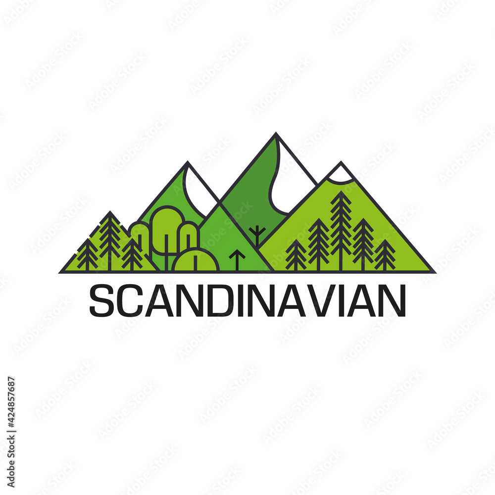 The Scandinavian logo. Scandinavian landscape in flat style. Green ...