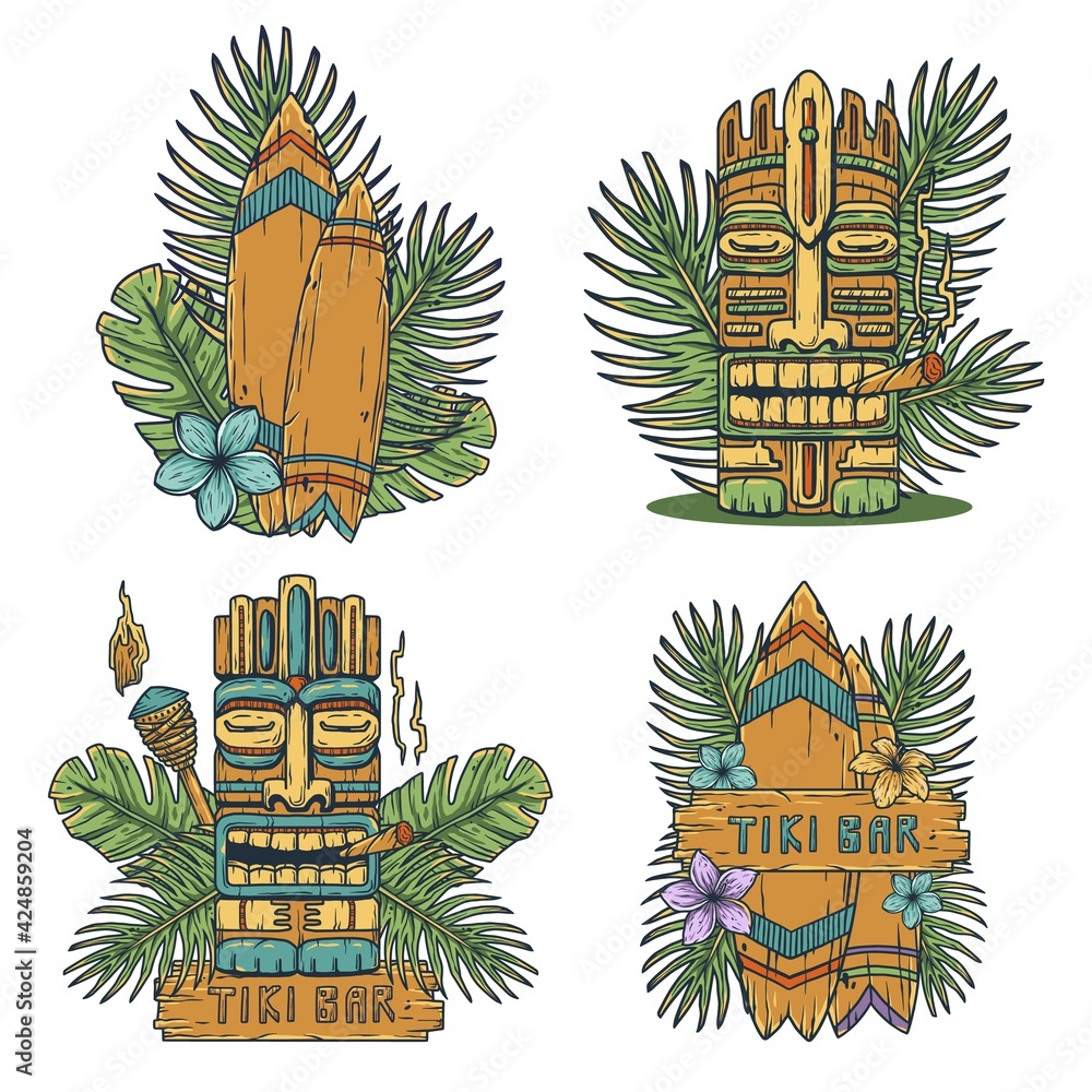 Design of trendy hawaii wooden tiki mask for surfing bar. Traditional ...