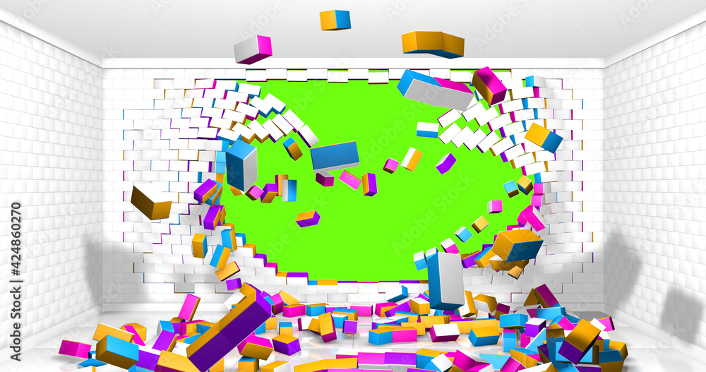 White, yellow, blue and red brick wall exploding inside a room with ...