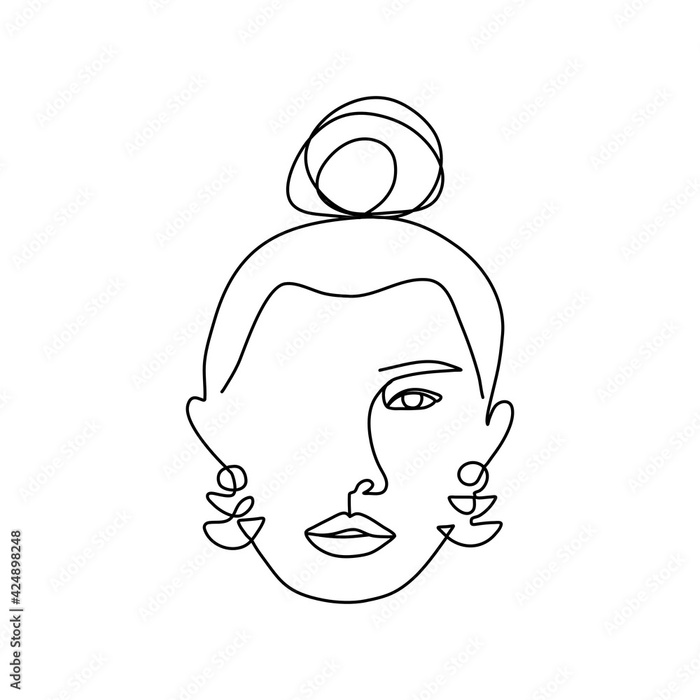 Woman face with hair and clay earrings continuous line drawing ...
