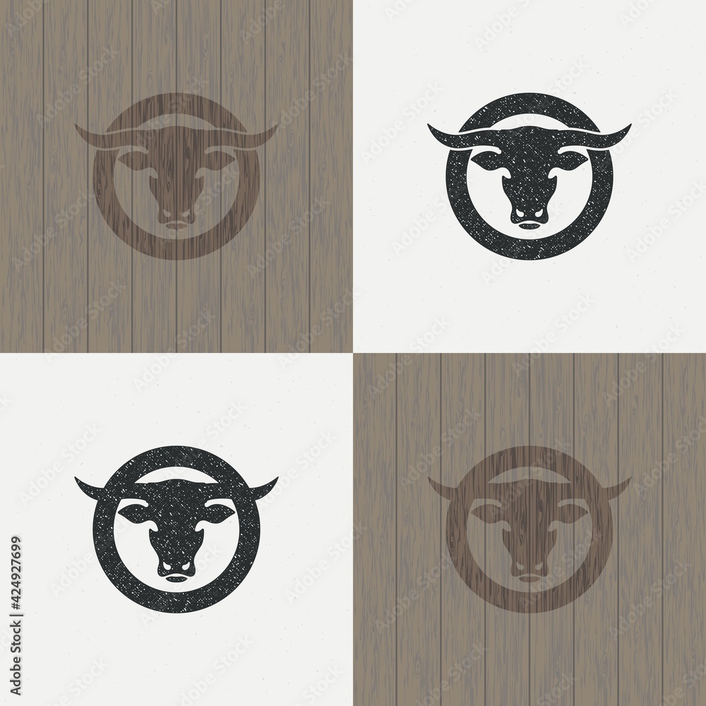 Set of color illustrations of a bull's head in a circle on a background ...